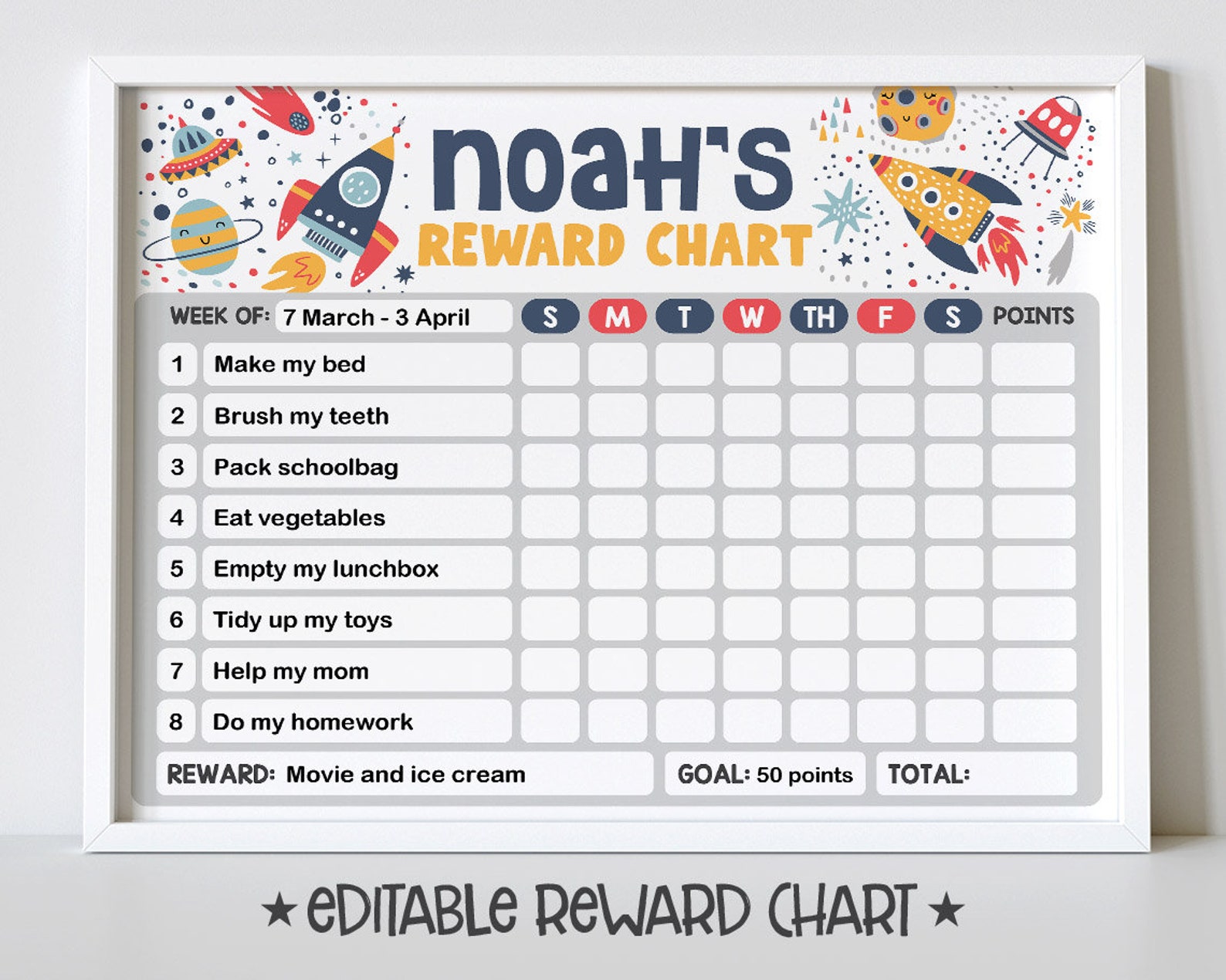 Rocket Reward Chart for Kids Simple Kids Editable Reward - Etsy Australia