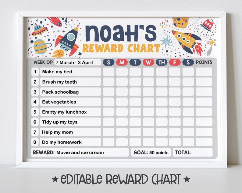 Rocket Reward Chart for Kids Simple Kids Editable Reward - Etsy