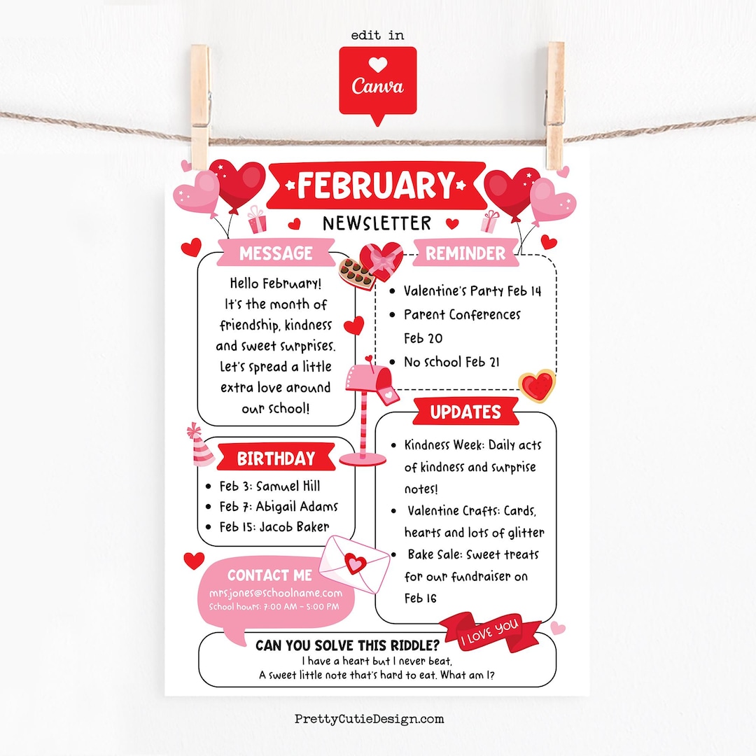 February Classroom Newsletter Template, Editable Monthly School ...