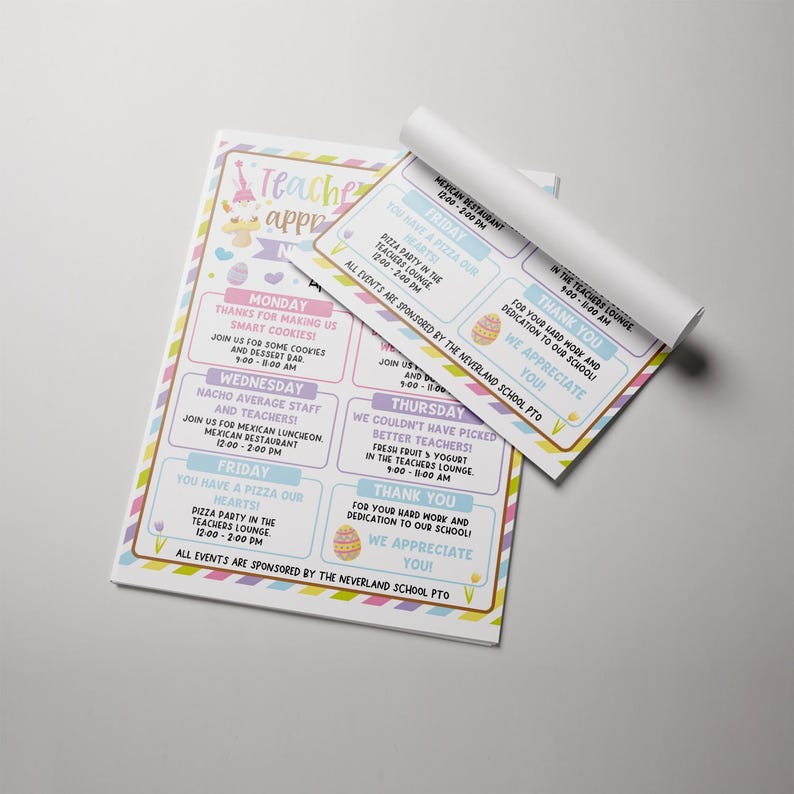 Editable Eater Teacher and Staff Appreciation Week Itinerary Flyer ...
