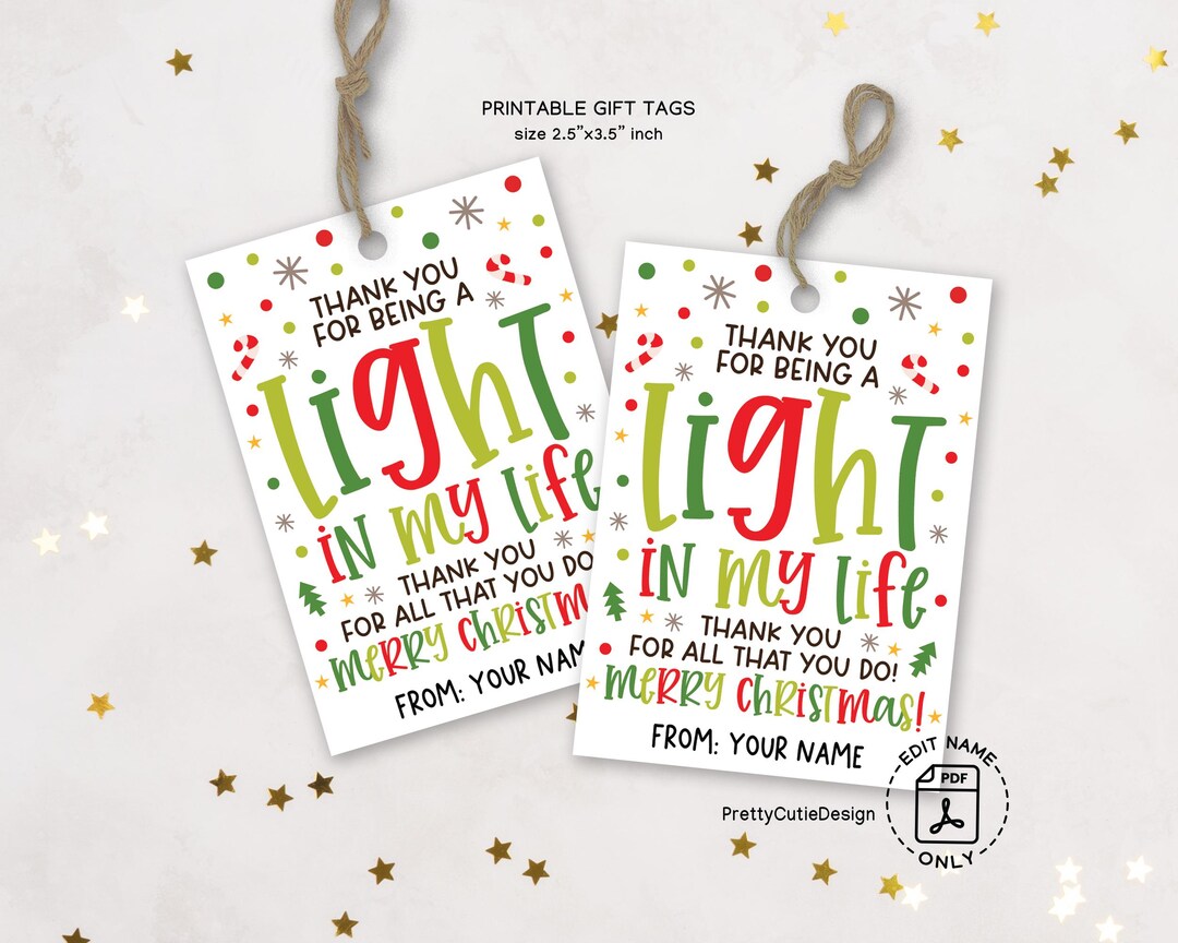 Printable Candle Christmas Gift Tags, Thank You for Being a Light in My ...