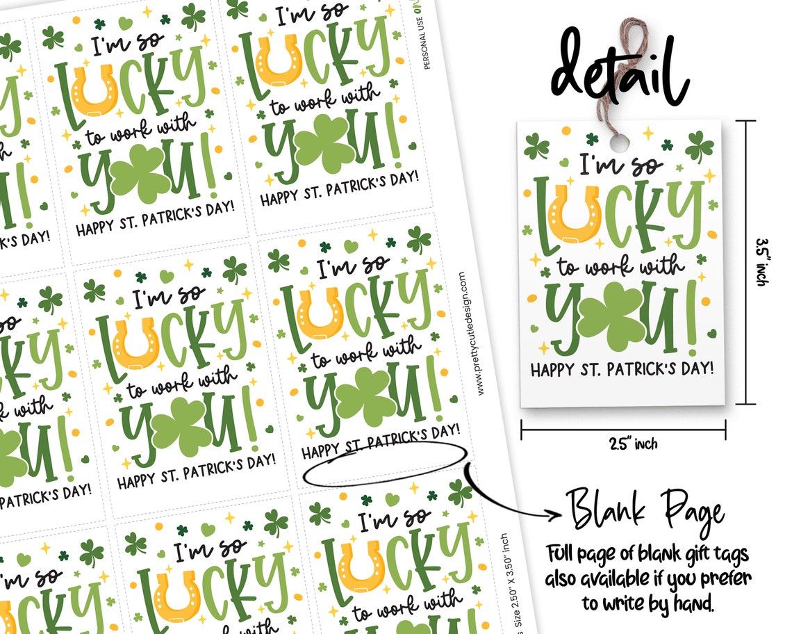 Happy St Patricks Day Printable Gift Tags, Lucky to Work With You Co ...