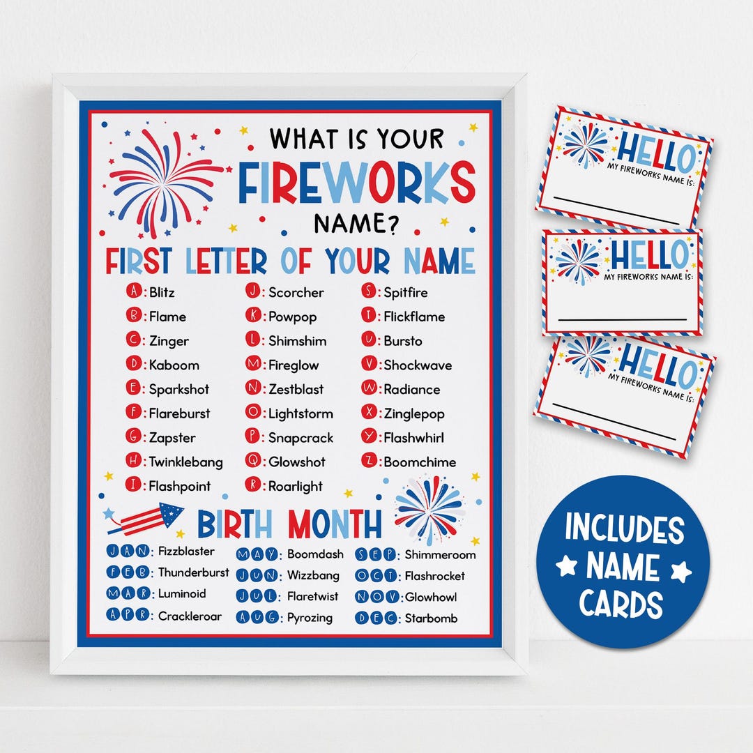 Fireworks Name Game Printable, Patriotic Party Game for Kids Adults ...