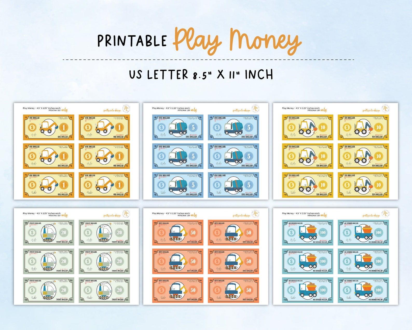 Construction Truck Play Money Printable Construction Bucks - Etsy
