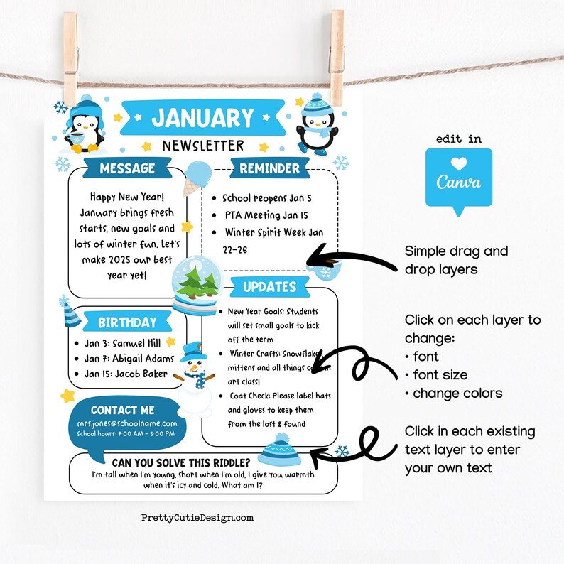 January Classroom Newsletter Template: Winter Penguin Theme (canva ...