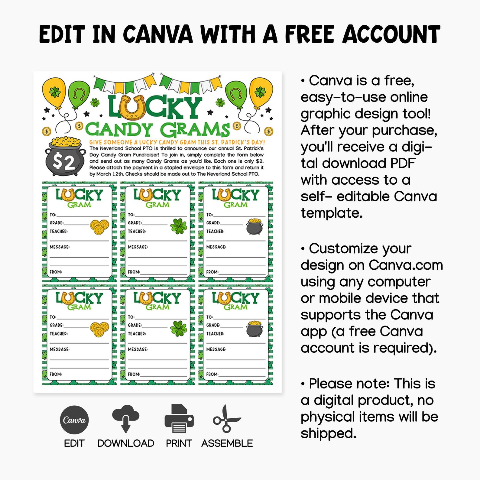 St Patricks Candy Gram Fundraiser Flyer Template, Editable St Patrick's ...