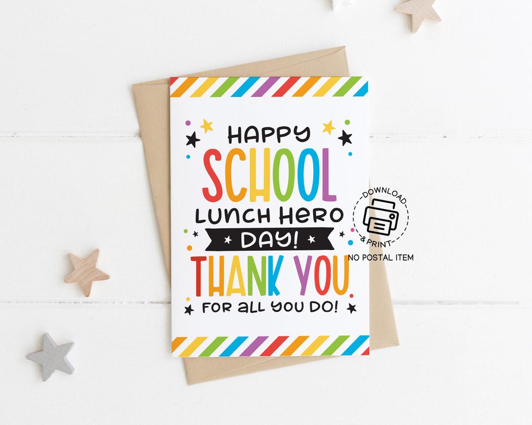 Printable School Lunch Hero Day Card, Rainbow Thank You Note for ...