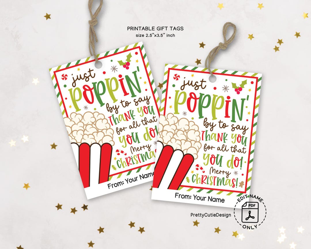 Christmas Gift Tags Printable, Popcorn Theme, Just Poppin Thank You ...