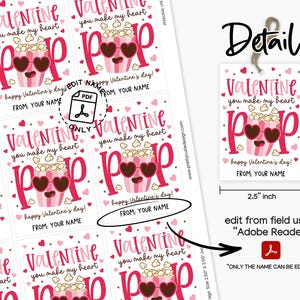 Popcorn Valentines Day Gift Tags, Valentine You Make My Heart Pop ...