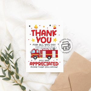 Firefighter Thank You Card: Fire Truck Design (PDF) - Etsy