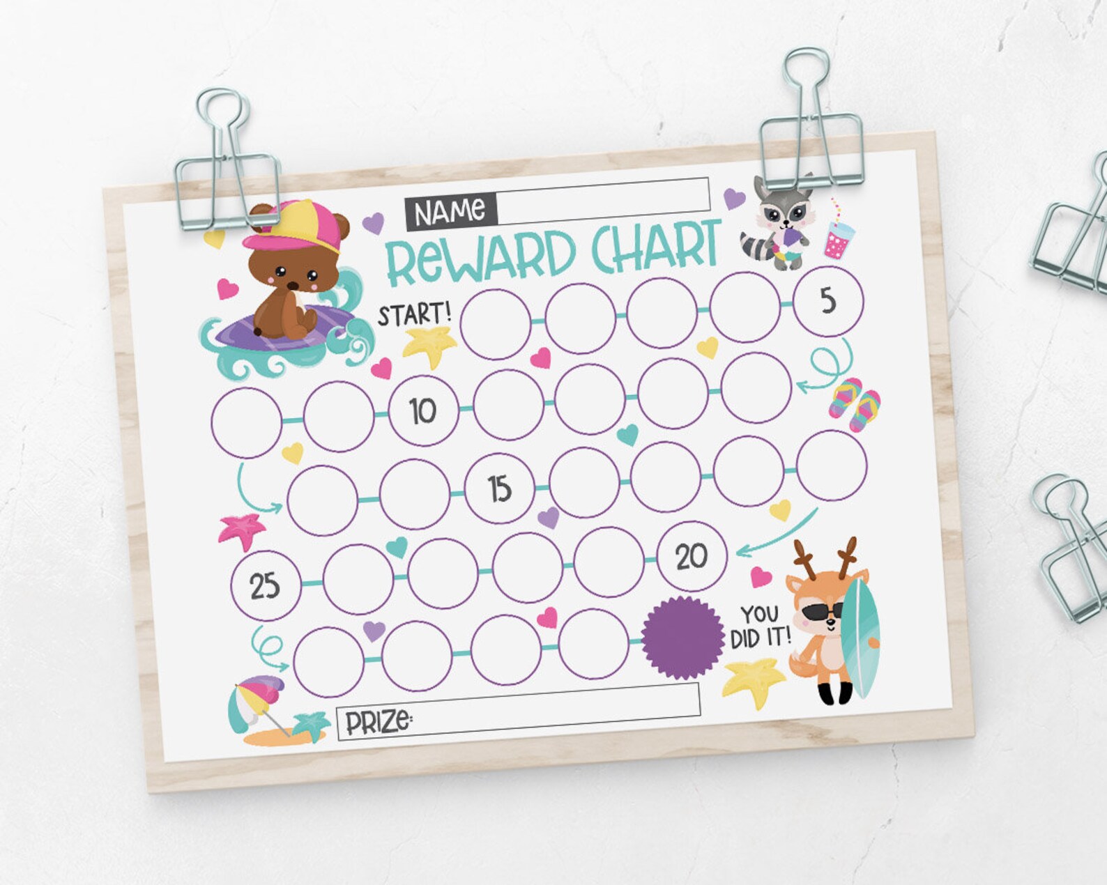 Summer With Animals Reward Chart for Kids, Simple Kids Reward Chart ...