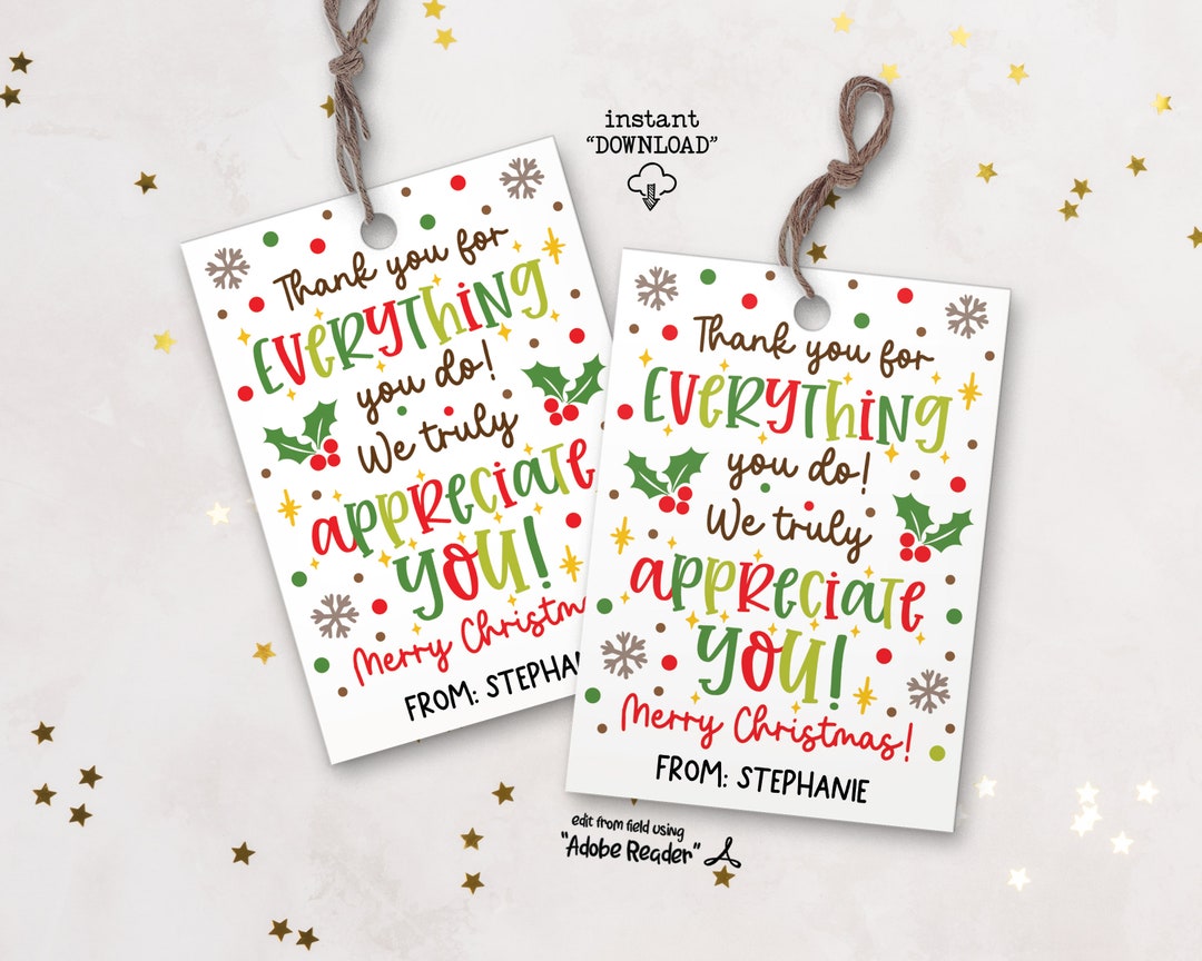 Christmas Thank You Gift Tags, Thank You for All You Do Christmas Tag ...