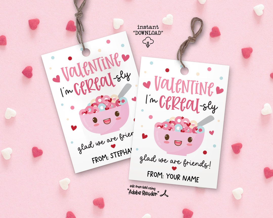 Valentine Tags Printable, Cereal Valentine's Day Tag, I'm Cereal-sly ...