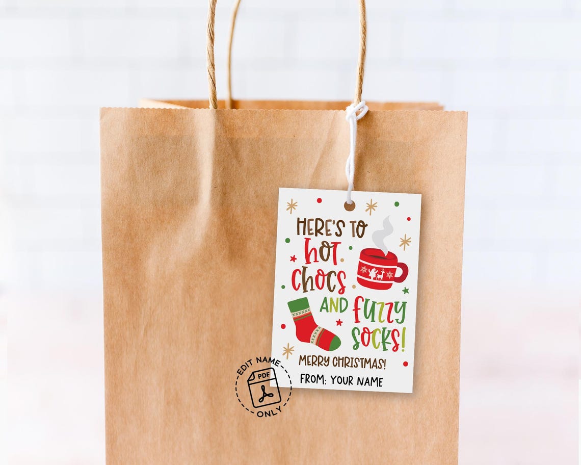 Christmas Gift Tags Printable, Hot Chocs and Fuzzy Socks, Cozy Winter ...