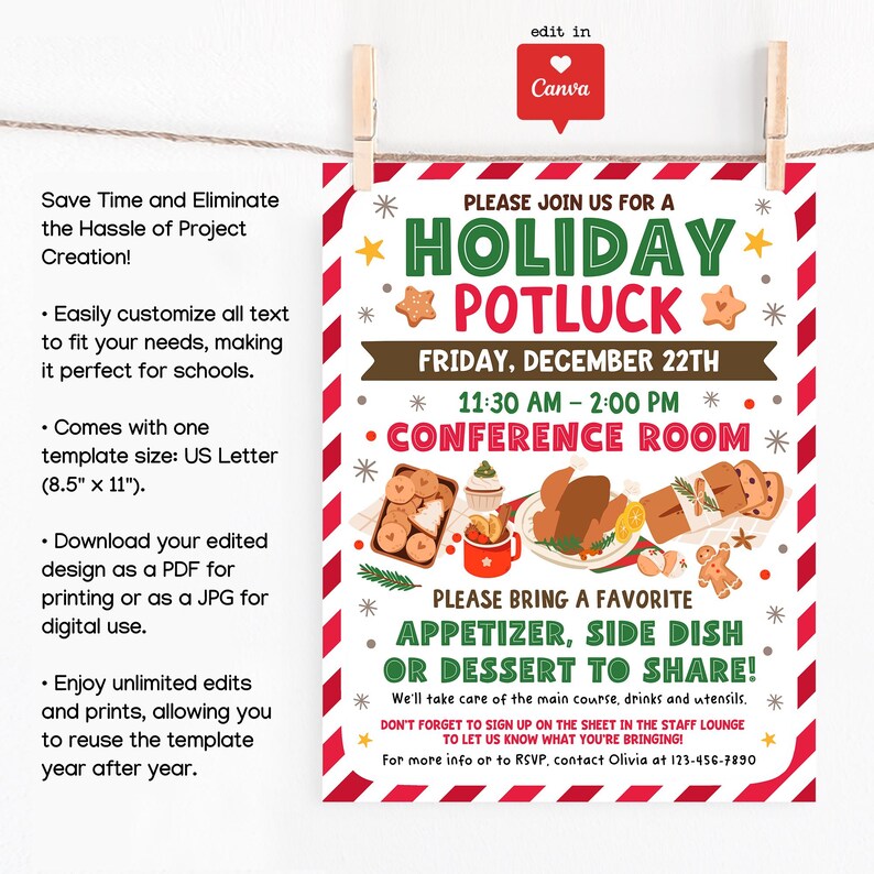 Holiday Potluck Flyer and Sign up Sheet, Canva Template Bundle ...