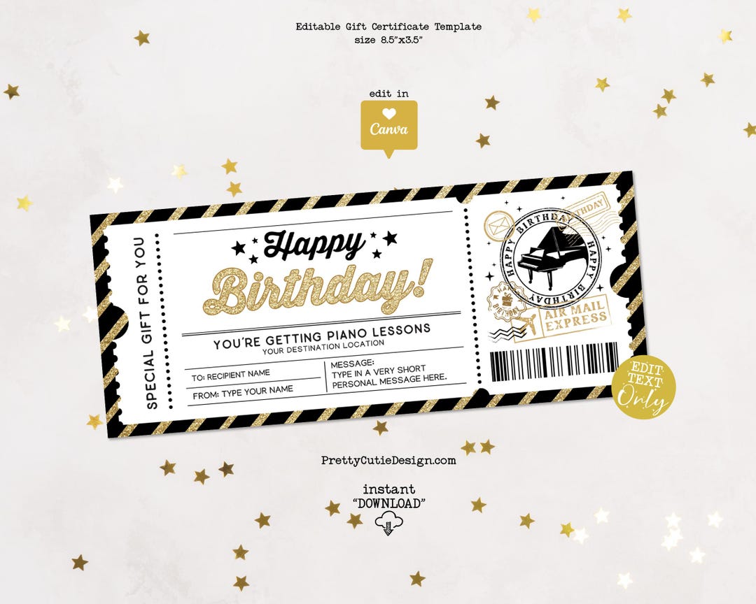 Piano Lessons Gift Certificate Editable Template, Birthday Surprise ...