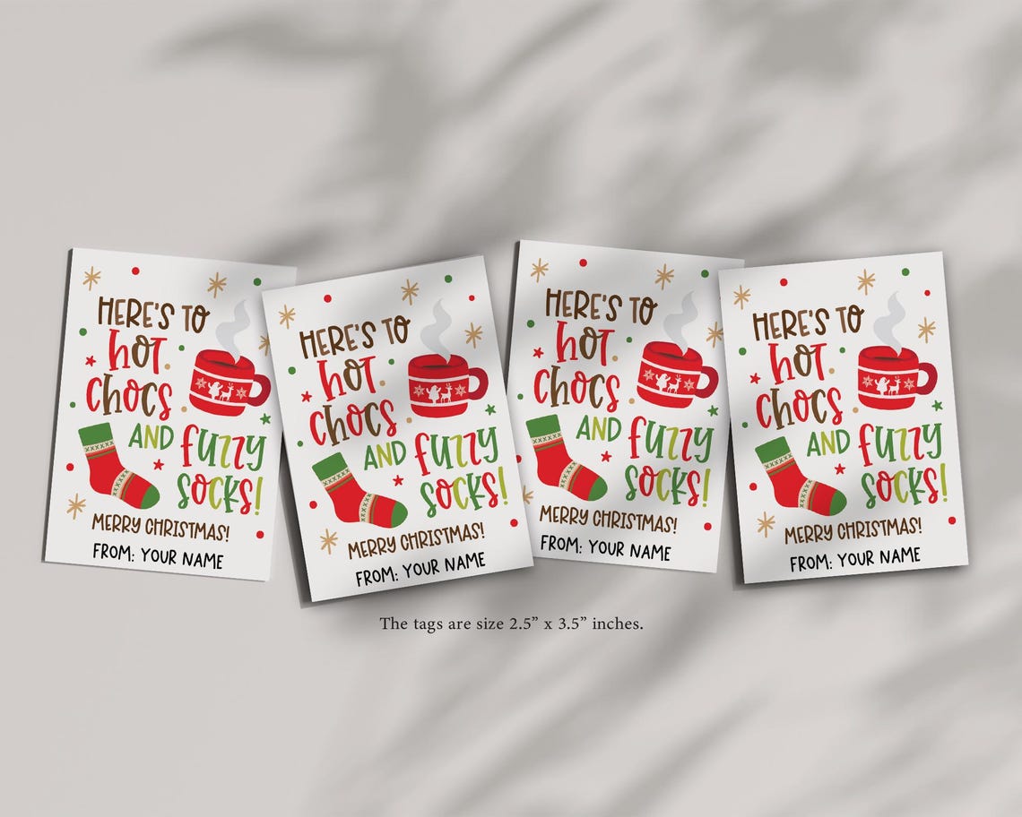 Christmas Gift Tags Printable, Hot Chocs and Fuzzy Socks, Cozy Winter ...