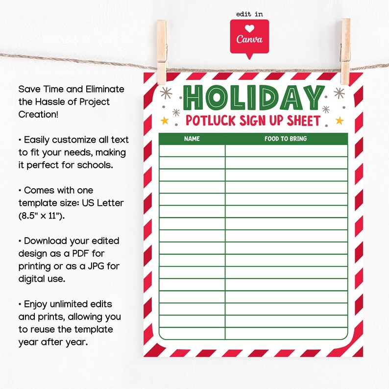 Holiday Potluck Sign up Sheet, Canva Template, Christmas Party Food ...