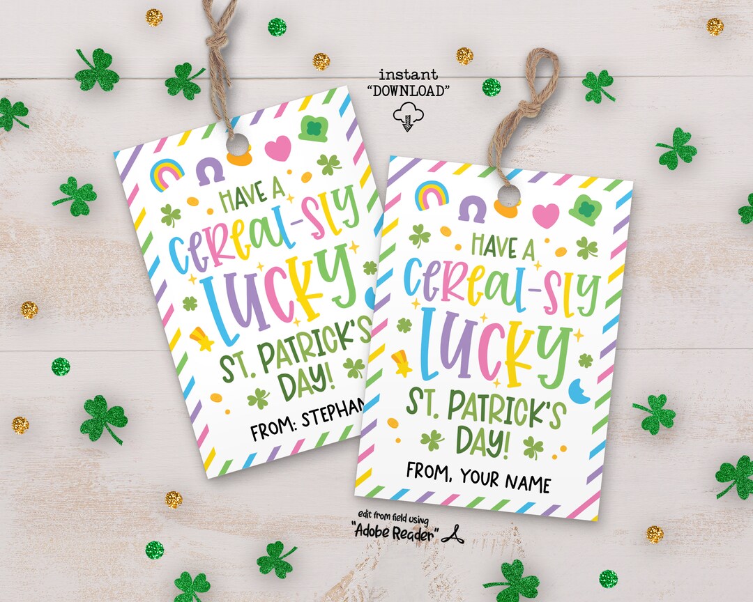 Cereal-sly Lucky St Patricks Day Gift, St Patrick Printable Cereal Tags ...