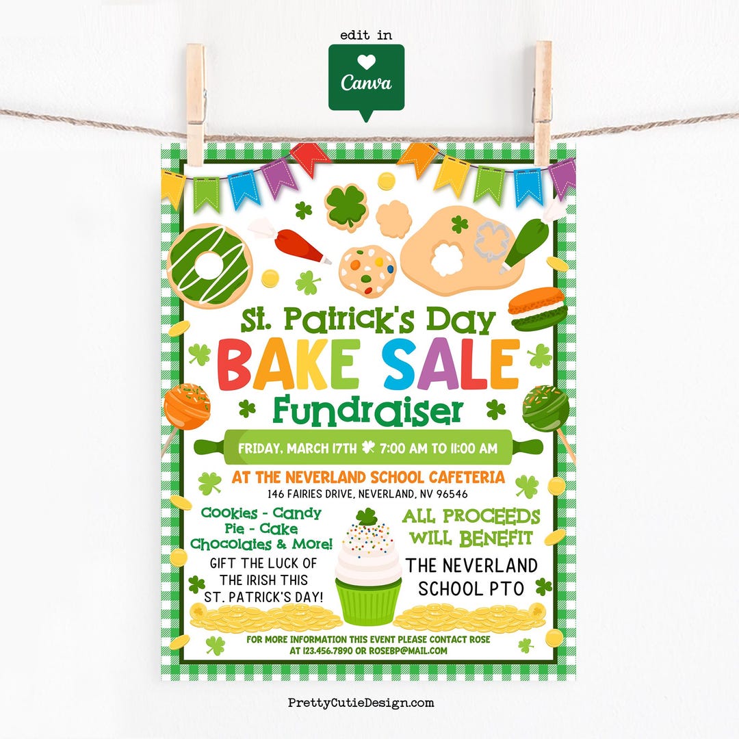 Editable St Patricks Day Bake Sale Fundraiser Flyer Template, St ...