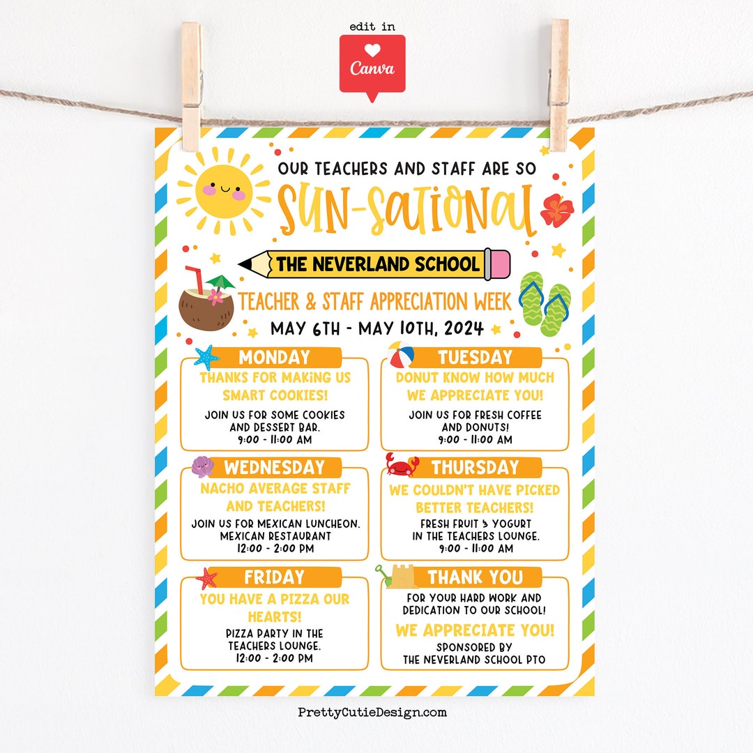 Teacher Appreciation Week Schedule Poster Template, Sun-sational Summer ...