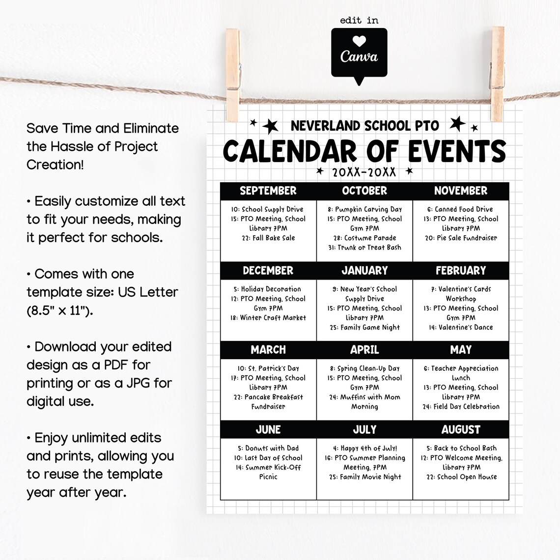 Editable School Calendar Template: PTO PTA Events Planner (canva ...