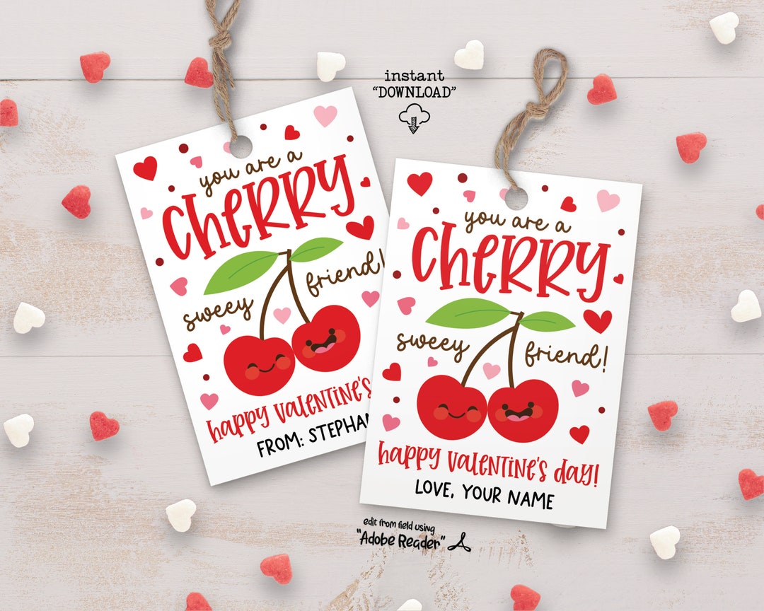 Printable Valentine Day Gift Tag, Cherry Valentine Gift Tag, Classroom ...