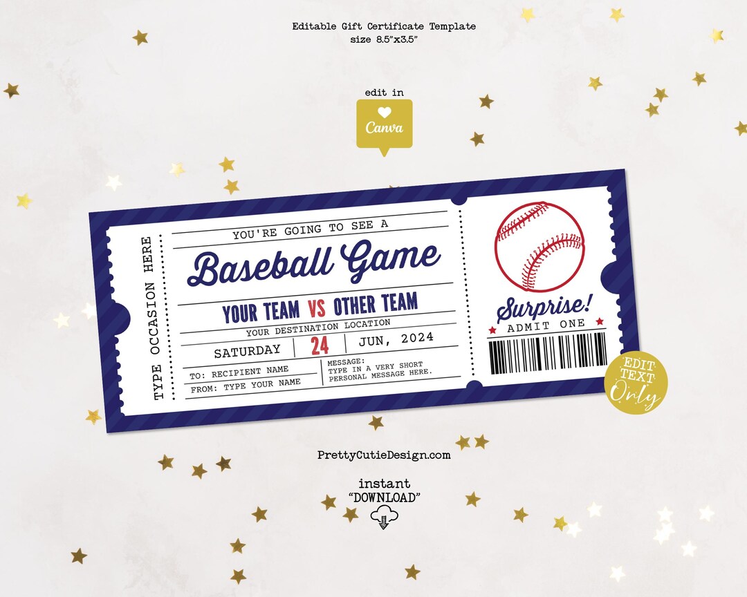 Baseball Game Ticket Gift Template, Baseball Gift Certificate Birthday Gift Ticket, Baseball ...
