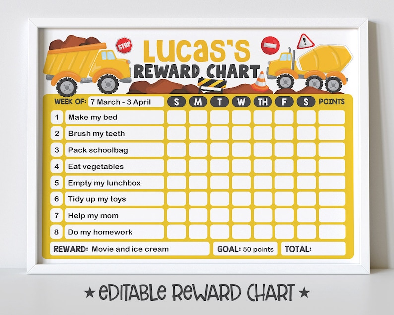 Construction Truck Reward Chart for Kids Simple Kids Editable | Etsy