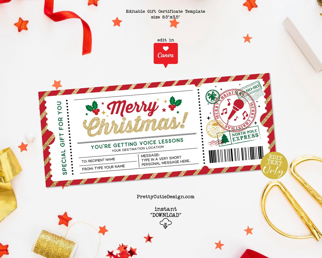 Christmas Voice Lessons Surprise Gift Ticket Voucher, Editable Holiday ...