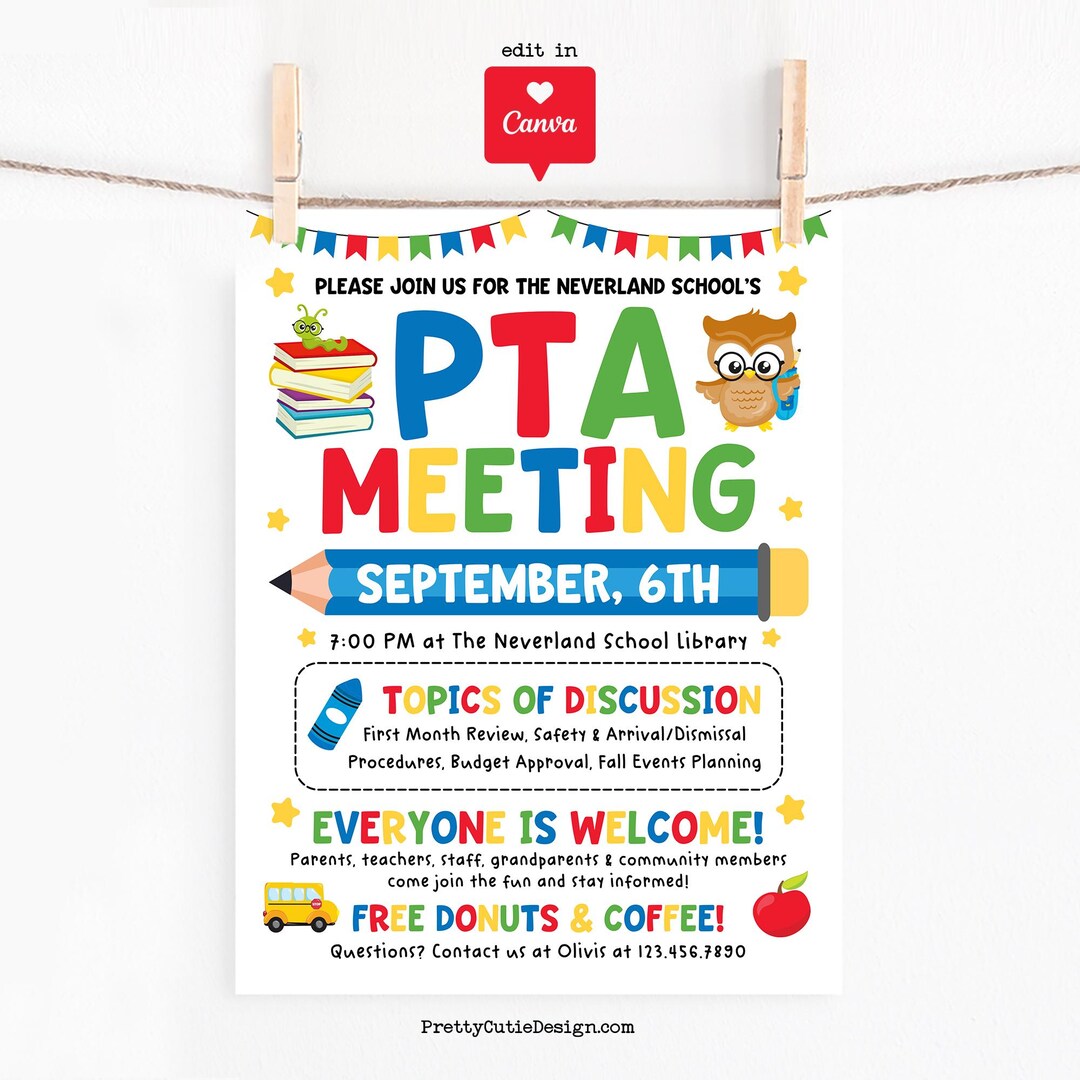 PTA PTO Meeting Flyer Printable, Back to School Parent Teacher Meeting ...