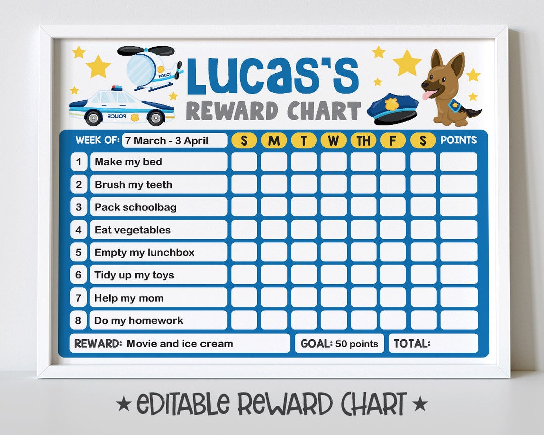 Police Reward Chart for Kids, Simple Kids Editable Reward Chart ...