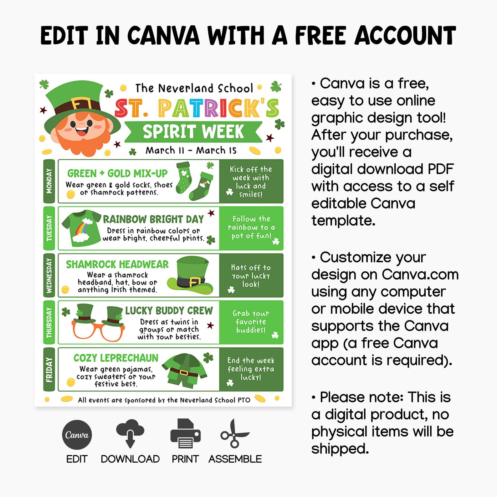 St Patrick's Day Spirit Week Flyer, School Dress up Days, Editable ...
