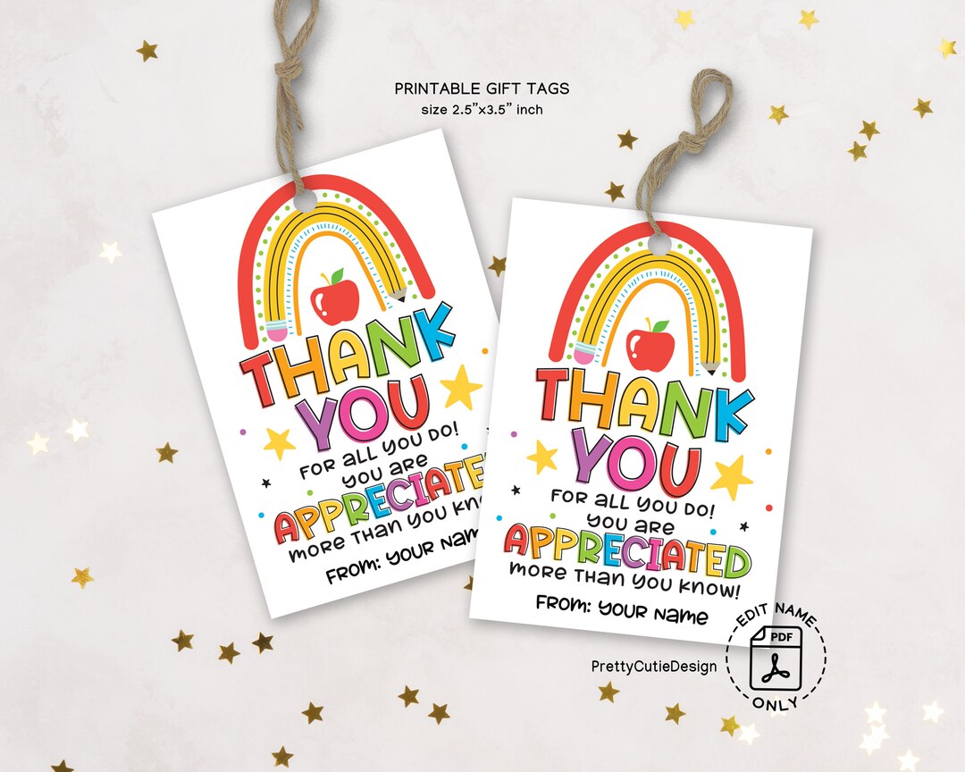 Teacher Appreciation Week Tag Printable, Thank You Teacher Tag, Rainbow ...