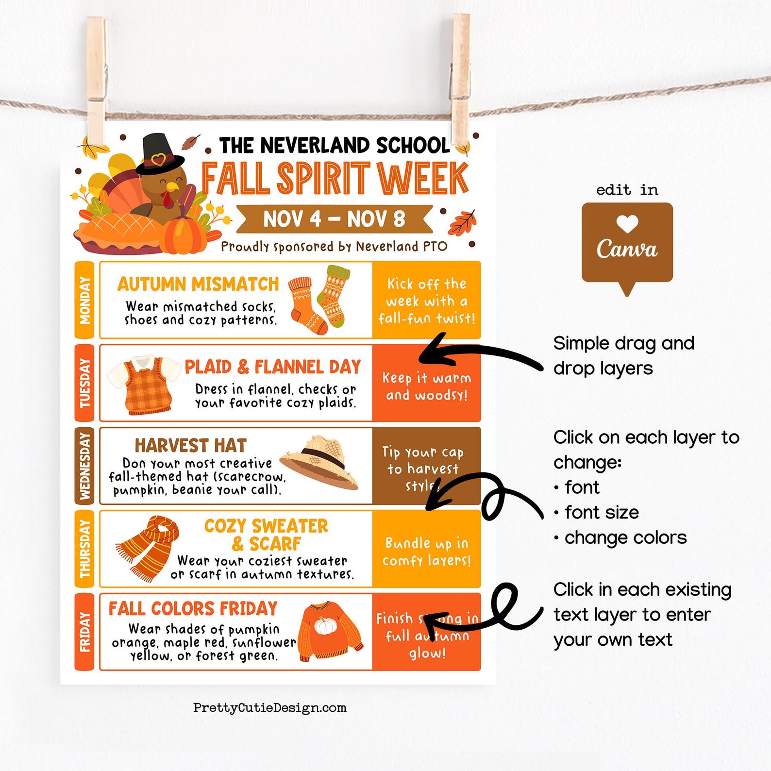Fall Spirit Week Flyer Template: School Theme Week Schedule, Editable ...