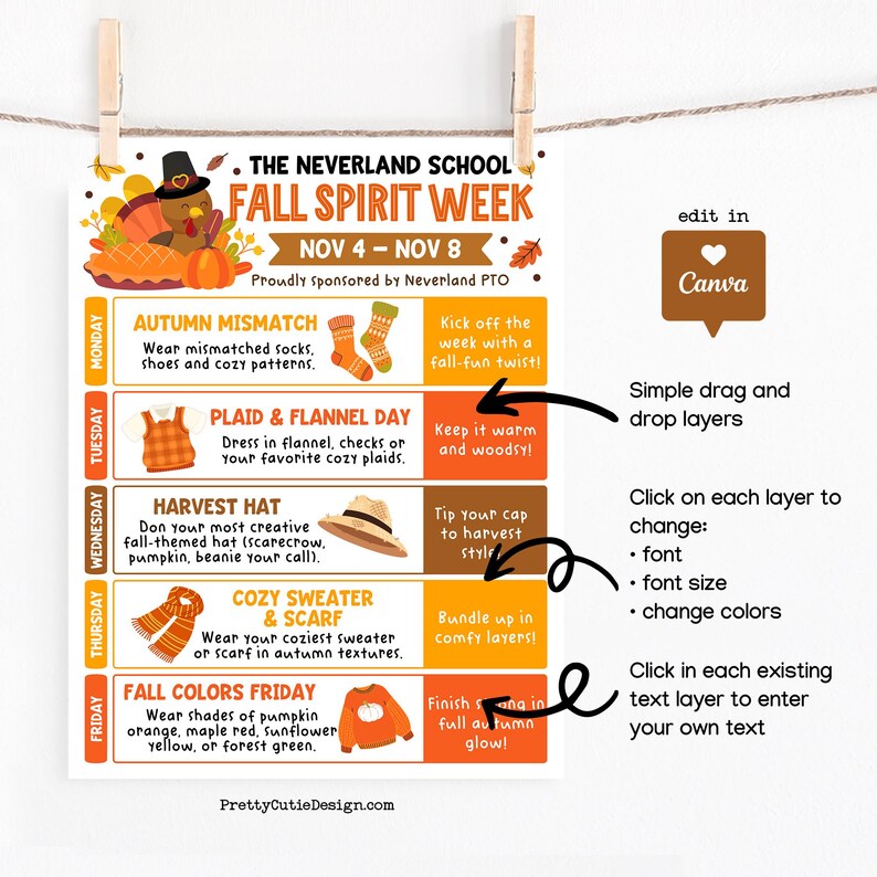 Fall Spirit Week Flyer Template: School Theme Week Schedule, Editable ...