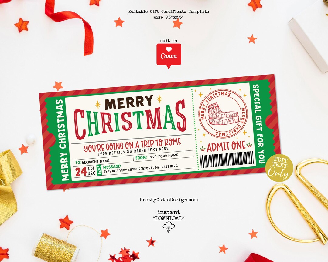 Christmas Rome Trip Reveal Ticket, Surprise Gift Voucher, Printable ...