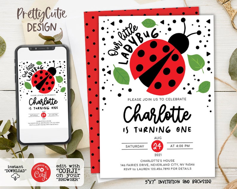 Ladybug First Birthday Invitation for Girl Baby Girl First - Etsy