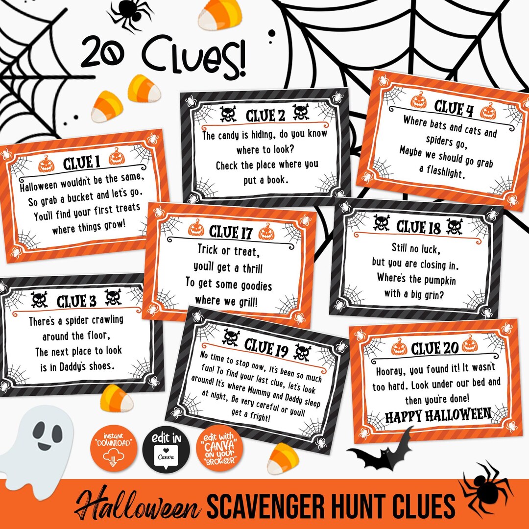 Halloween Scavenger Hunt Clues Printable, 20 Riddles for Kids, Family ...