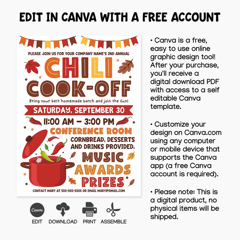 Fall Chili Cook off Flyer Canva Template: Editable Company Event Poster ...
