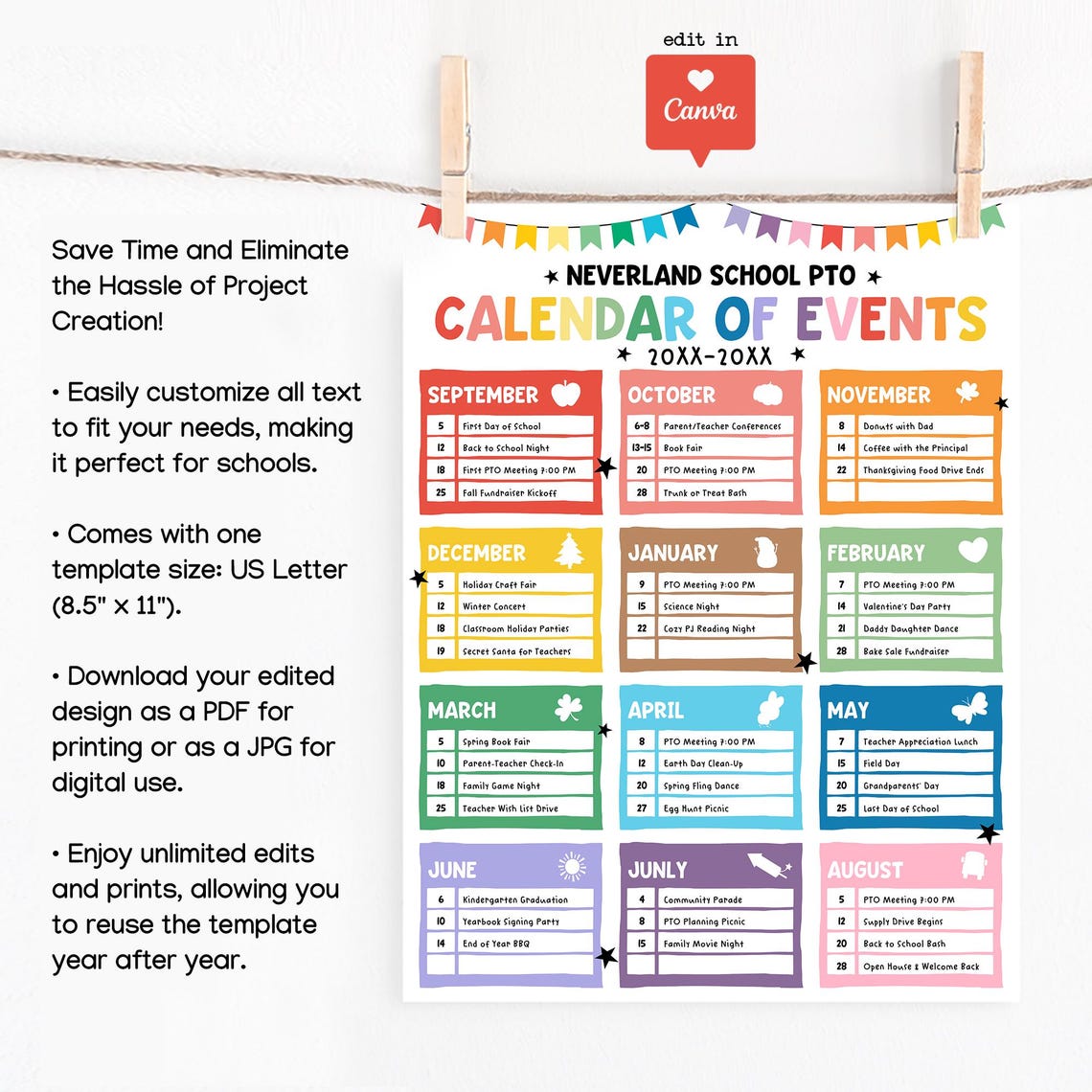Editable School Calendar Template: PTO PTA Events Planner (canva ...