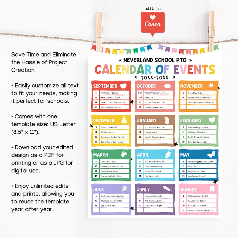Editable School Calendar Template: PTO PTA Events Planner (canva ...