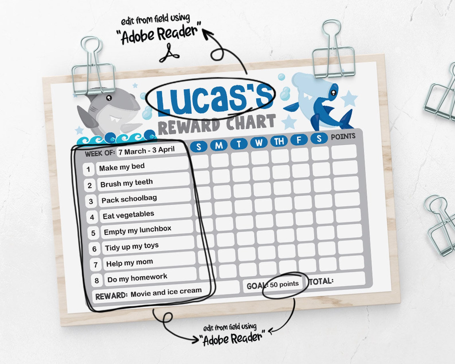 Shark Reward Chart for Kids Simple Kids Editable Reward Chart - Etsy