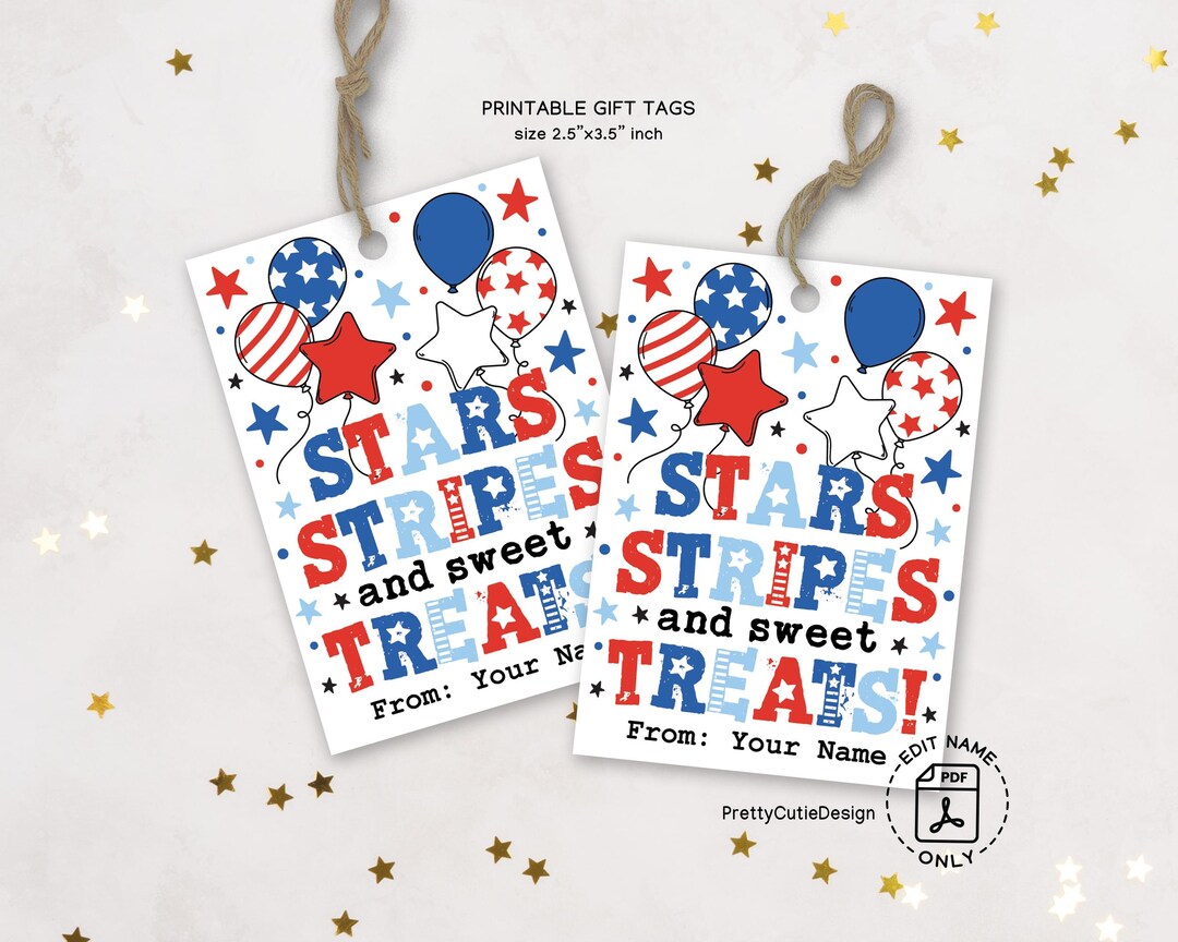 4th of July Gift Tag Printable, Stars Stripes and Sweet Treats Tag ...