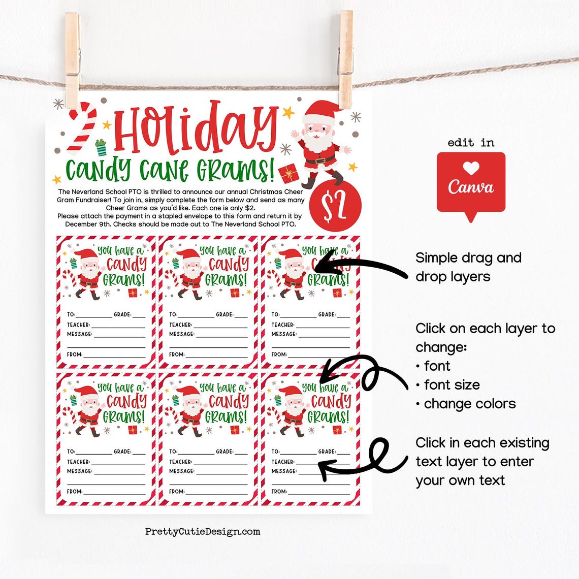 Holiday Candy Cane Grams, Canva Template, School PTO Fundraiser Order ...