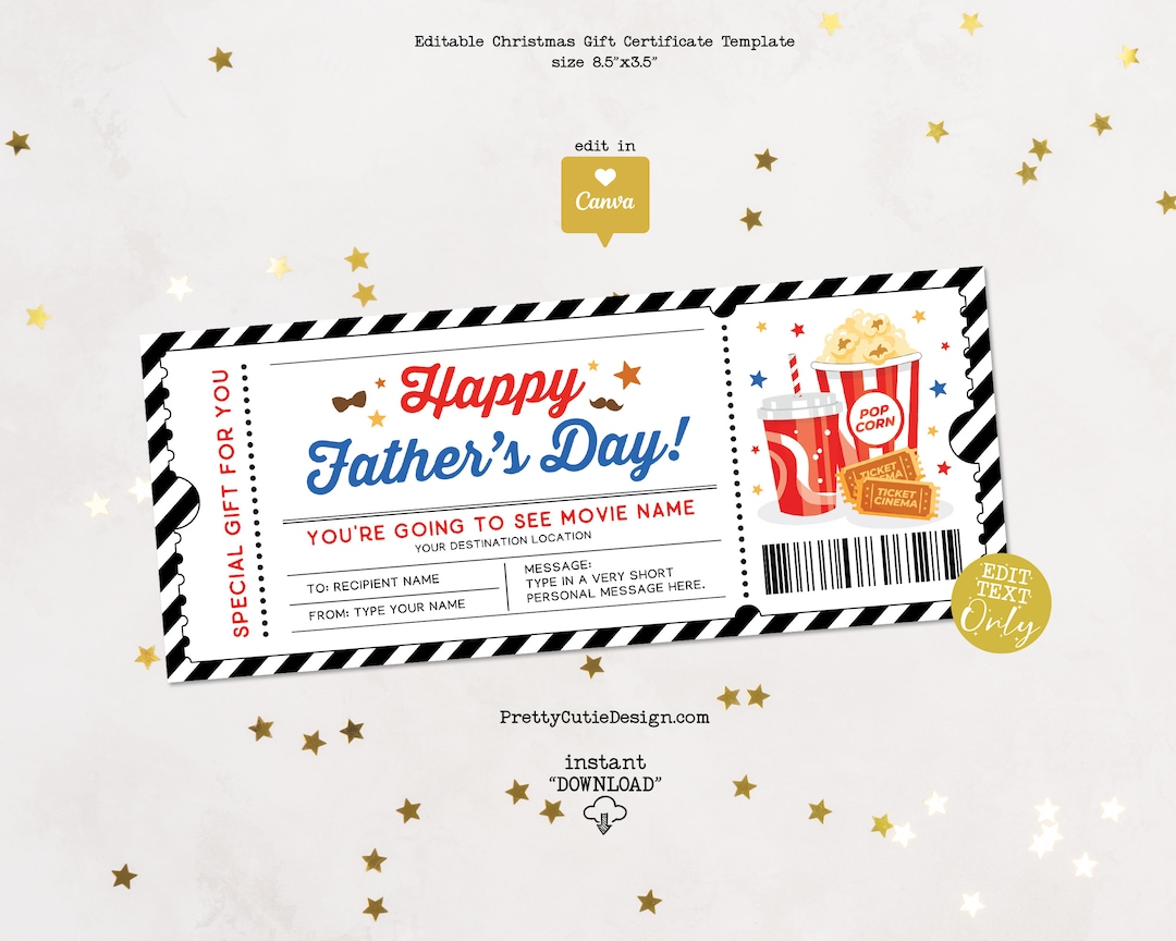 Father's Day Movie Ticket Gift Certificate: Editable Canva Template ...