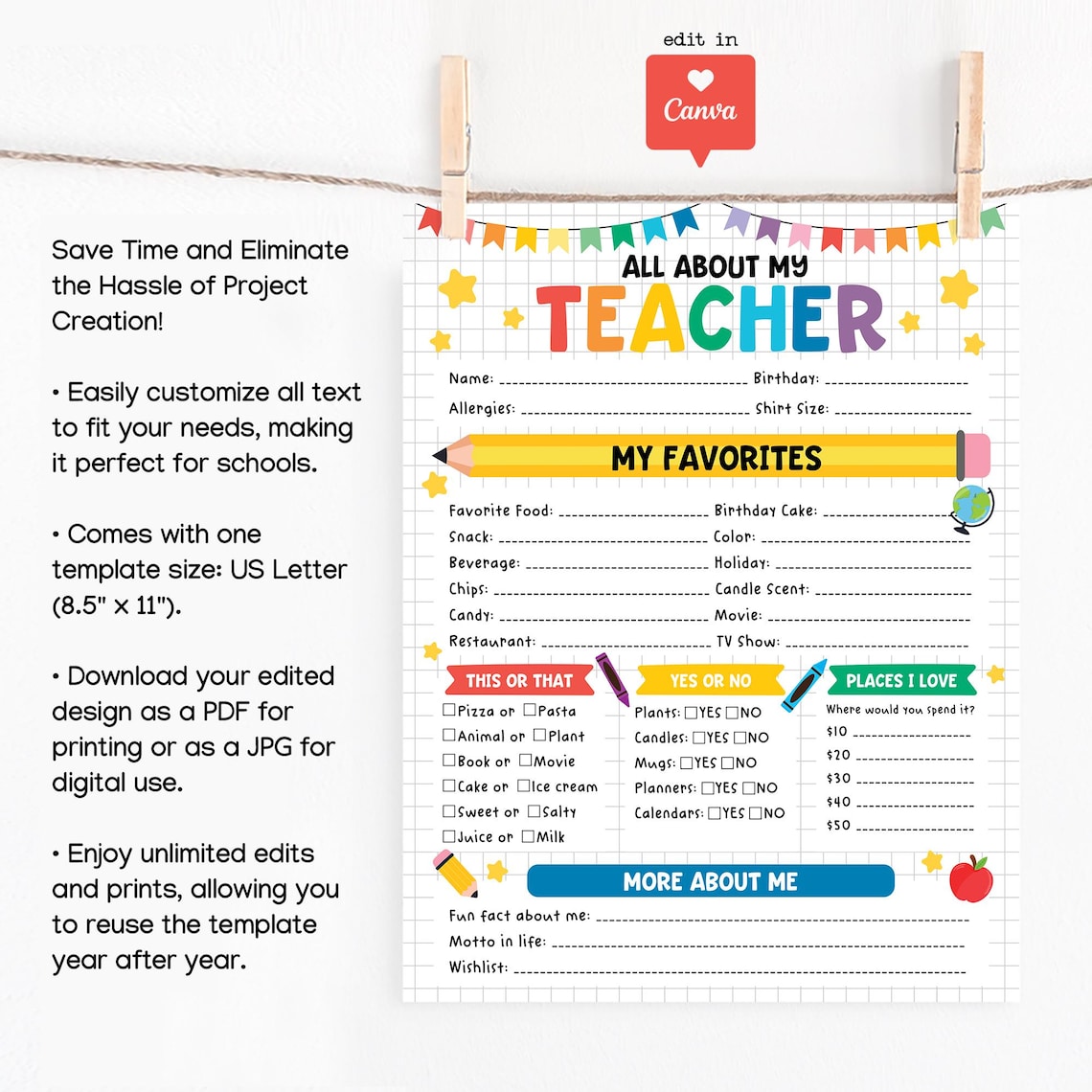 Teacher Favorite Things List Printable: Back to School Gift ...