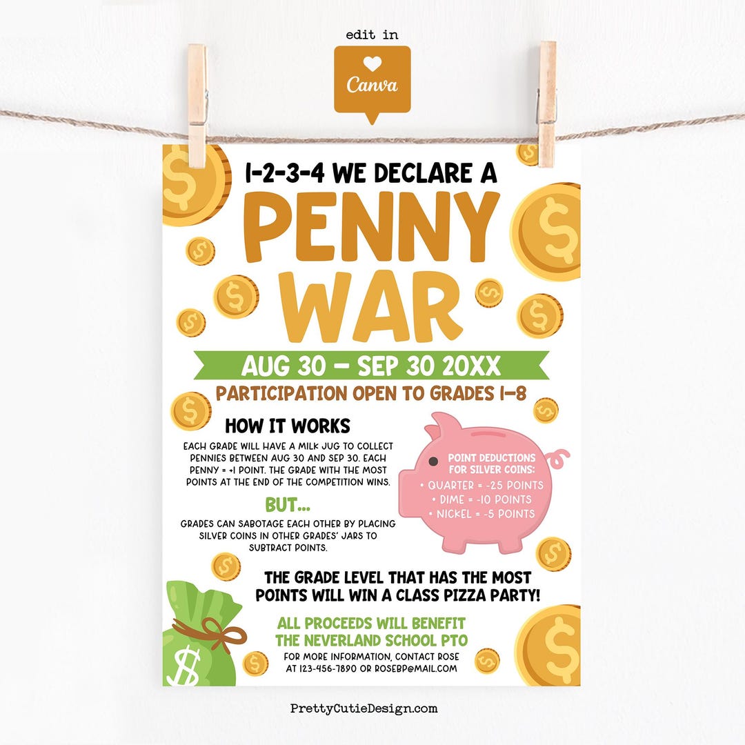 Penny War Fundraiser Flyer: Editable School Coin Drive Template (canva ...