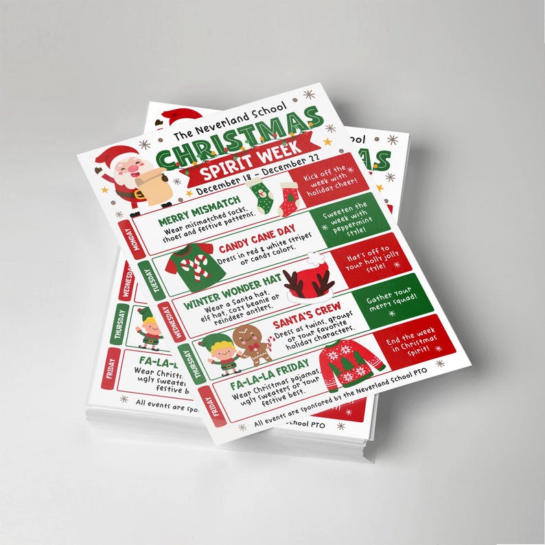 Christmas Spirit Week Flyer, Canva Template, School Holiday Theme Week ...