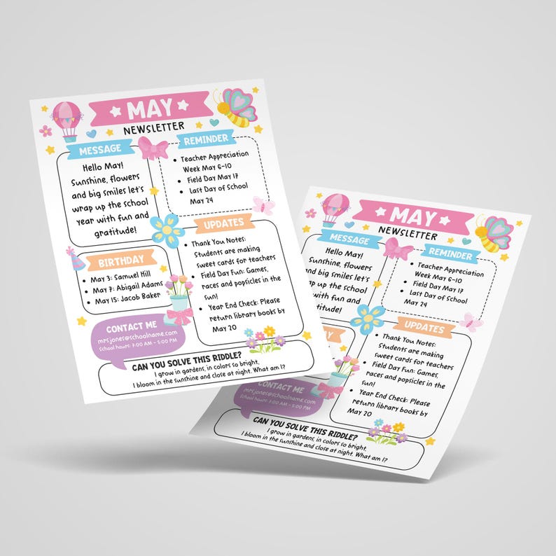 May Classroom Newsletter Template: Editable Spring Teacher Updates ...
